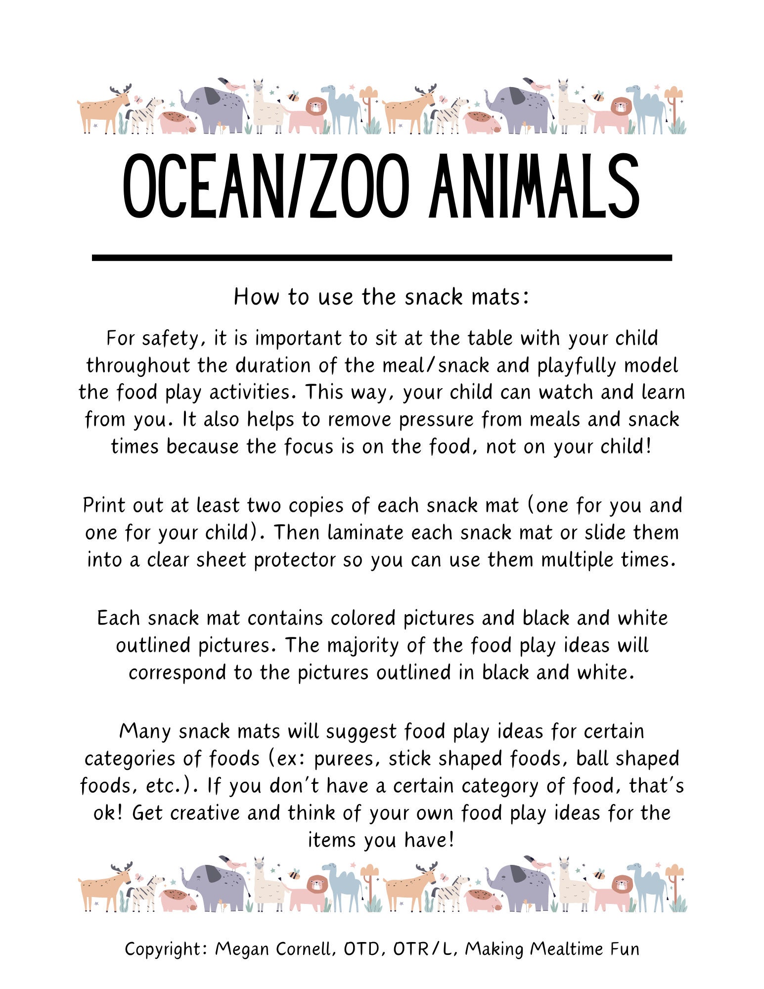 Ocean/zoo Animals Snack Mats, Printable Placemats for Picky Eaters ...