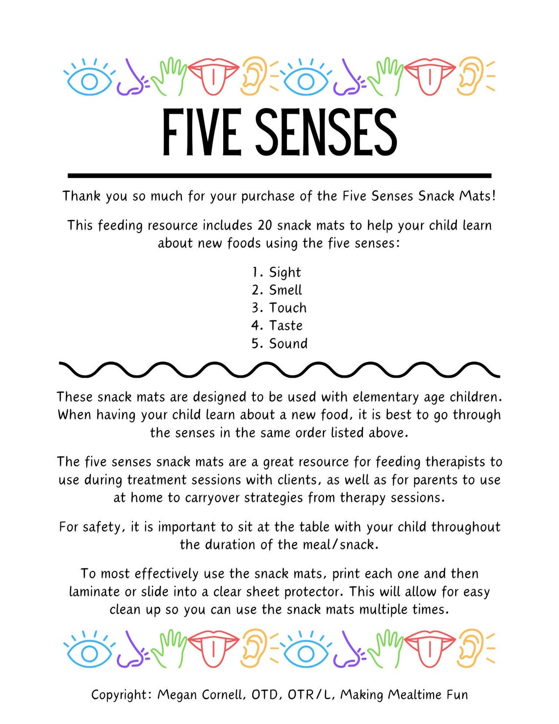 Five Senses Snack Mats: Fun Mealtime Placemats (printable) - Etsy