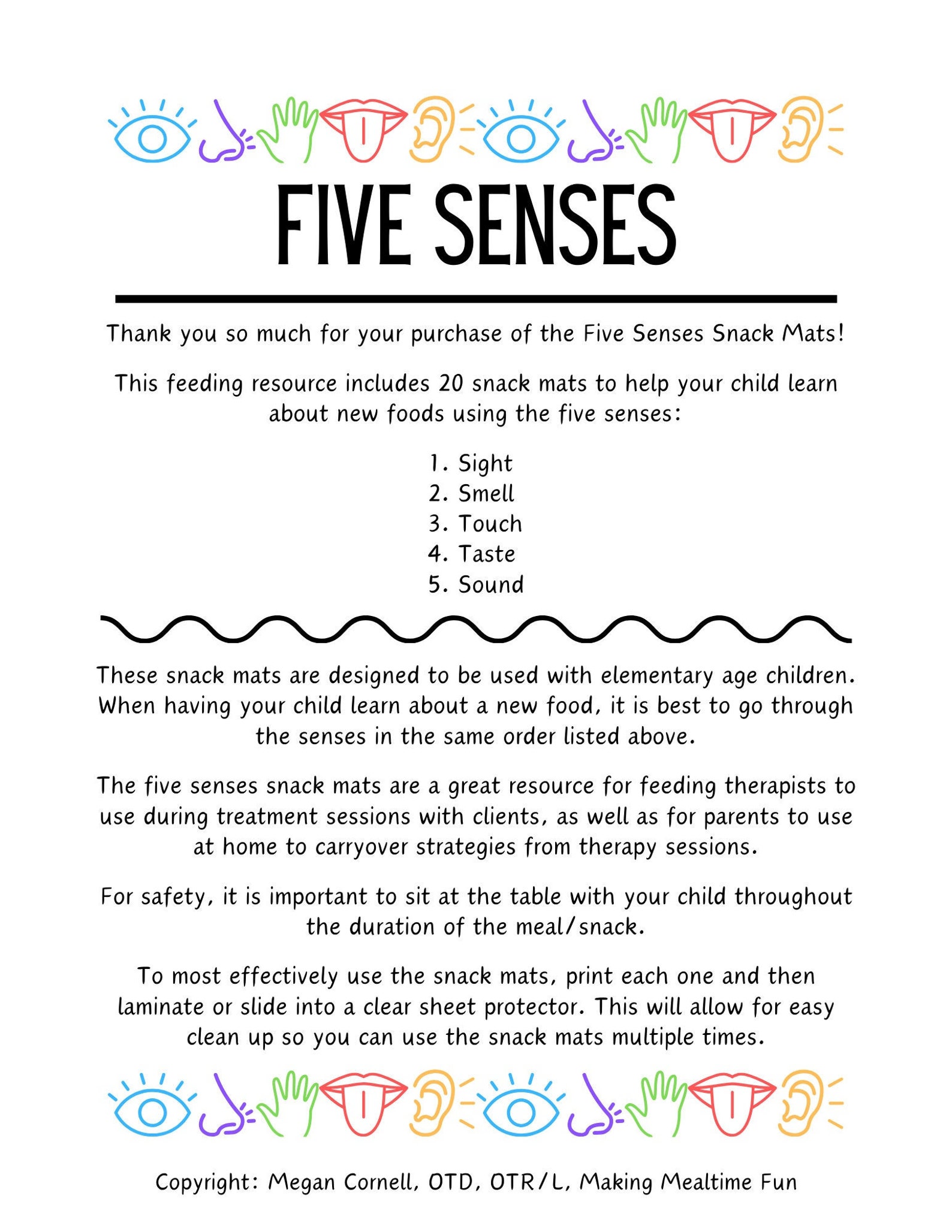 Five Senses Snack Mats: Fun Mealtime Placemats (printable) - Etsy