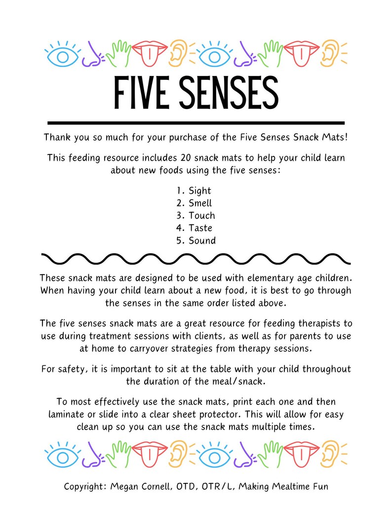 Five Senses Snack Mats: Fun Mealtime Placemats (printable) - Etsy