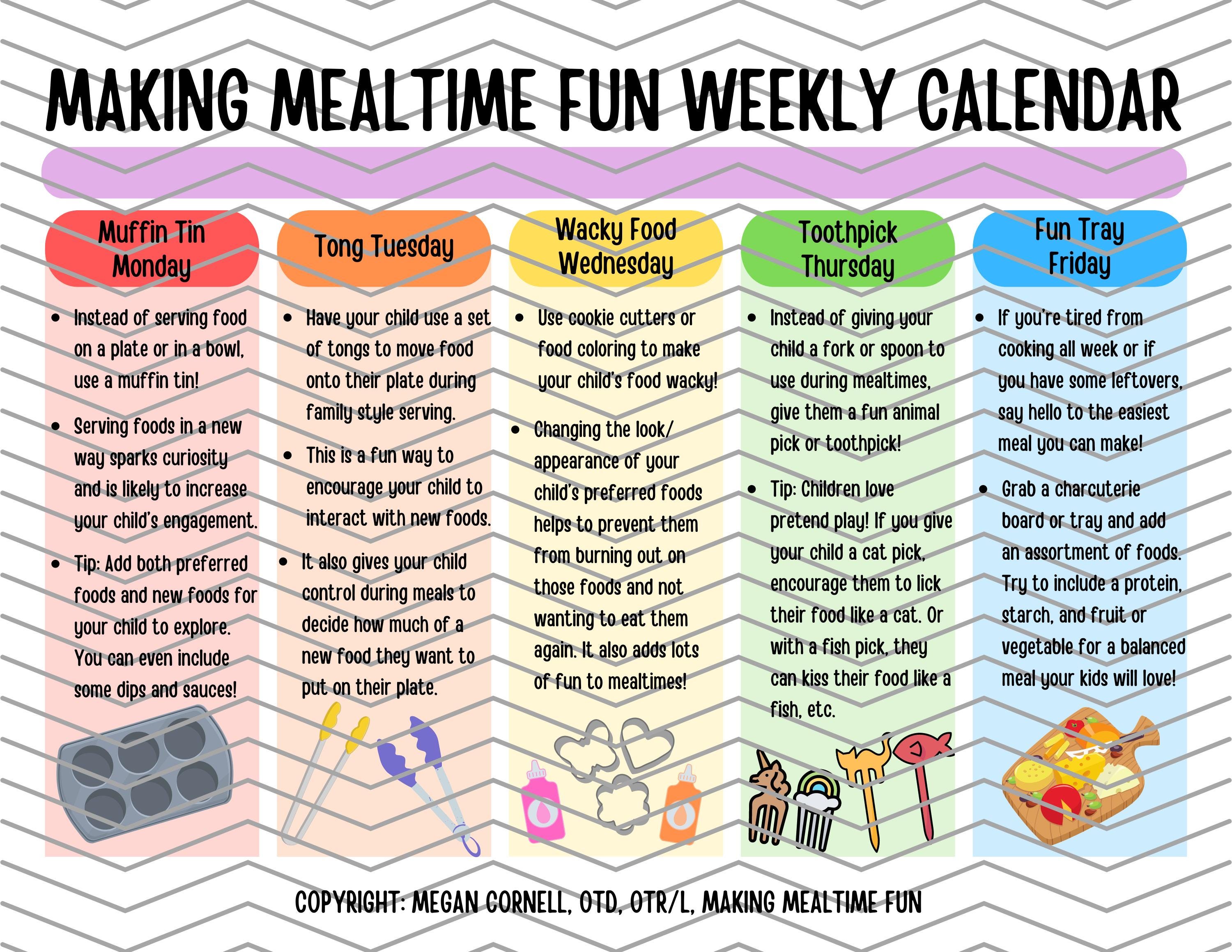 Weekly Calendar for Making Mealtime Fun - Picky Eating - Meal Planning ...