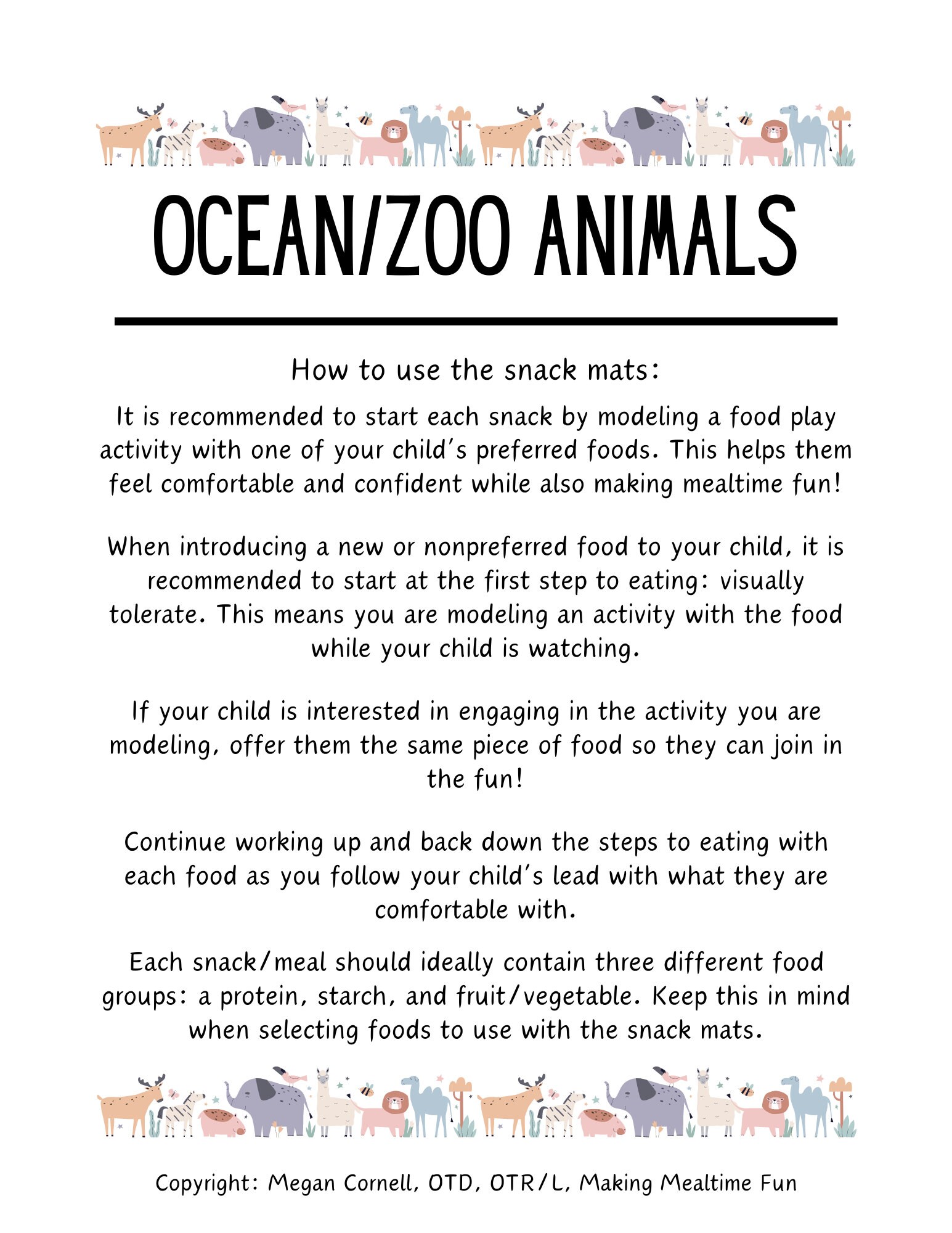 Ocean/zoo Animals Snack Mats, Printable Placemats for Picky Eaters ...