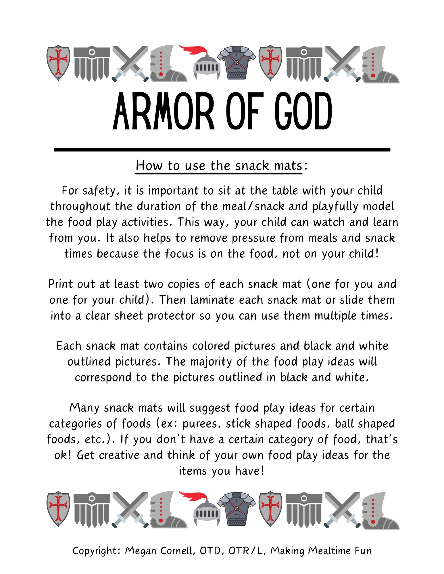 Armor of God Snack Mats, Printable Placemats for Picky Eaters, Making ...