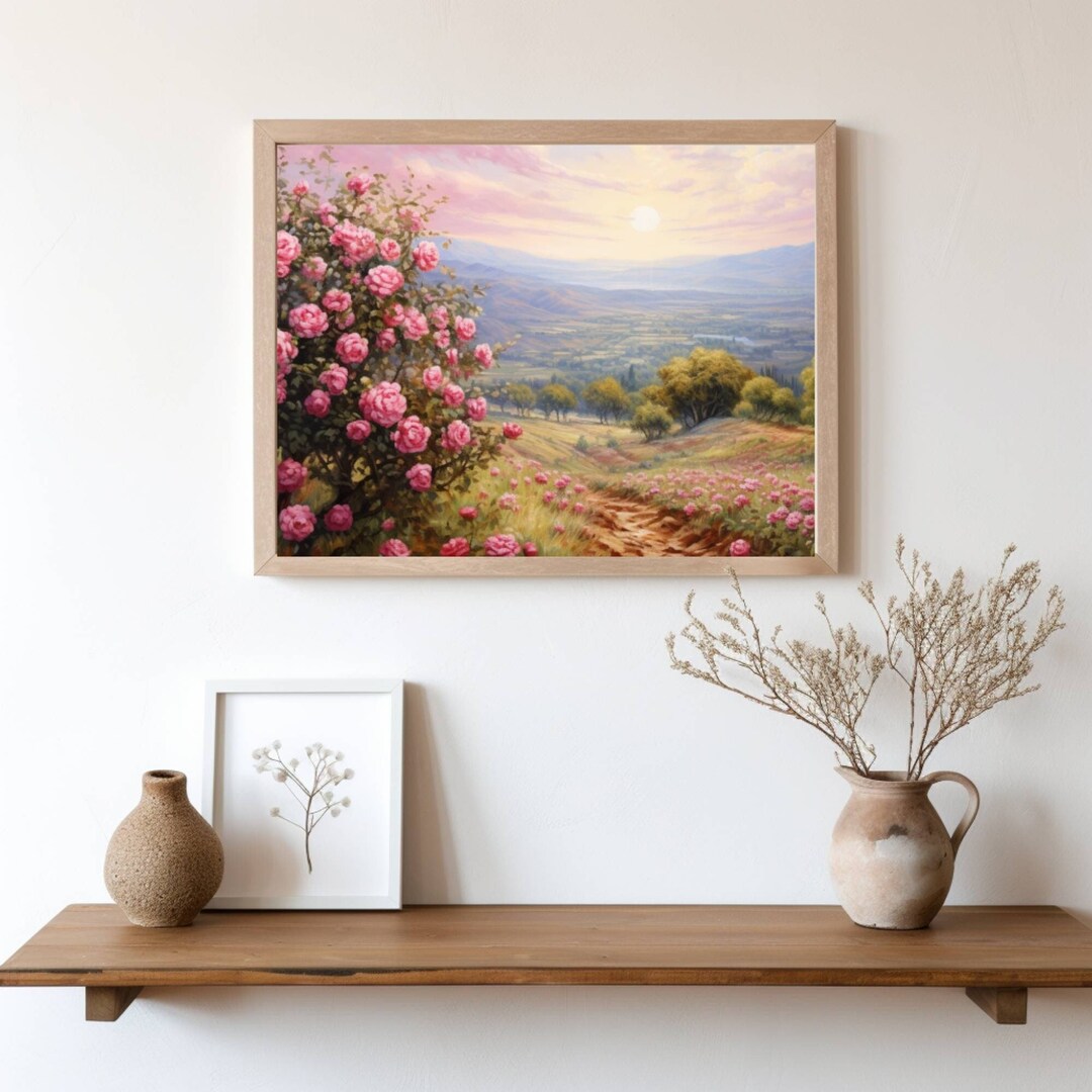 Spring Rosey Wildflower Field, Vintage Painting Light Spring Decor ...