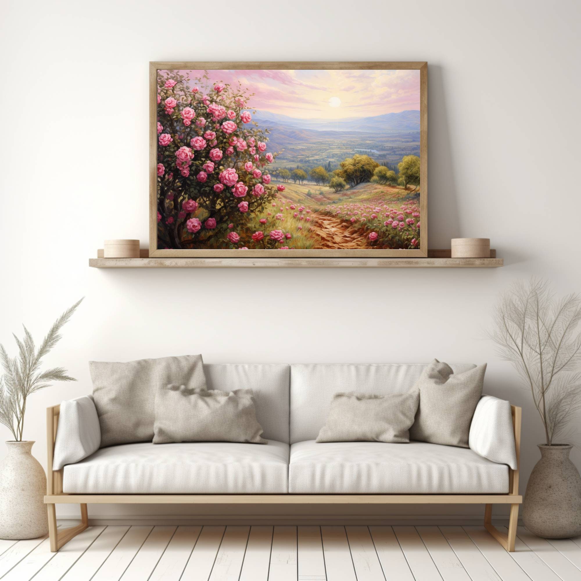 Spring Rosey Wildflower Field, Vintage Painting Light Spring Decor ...