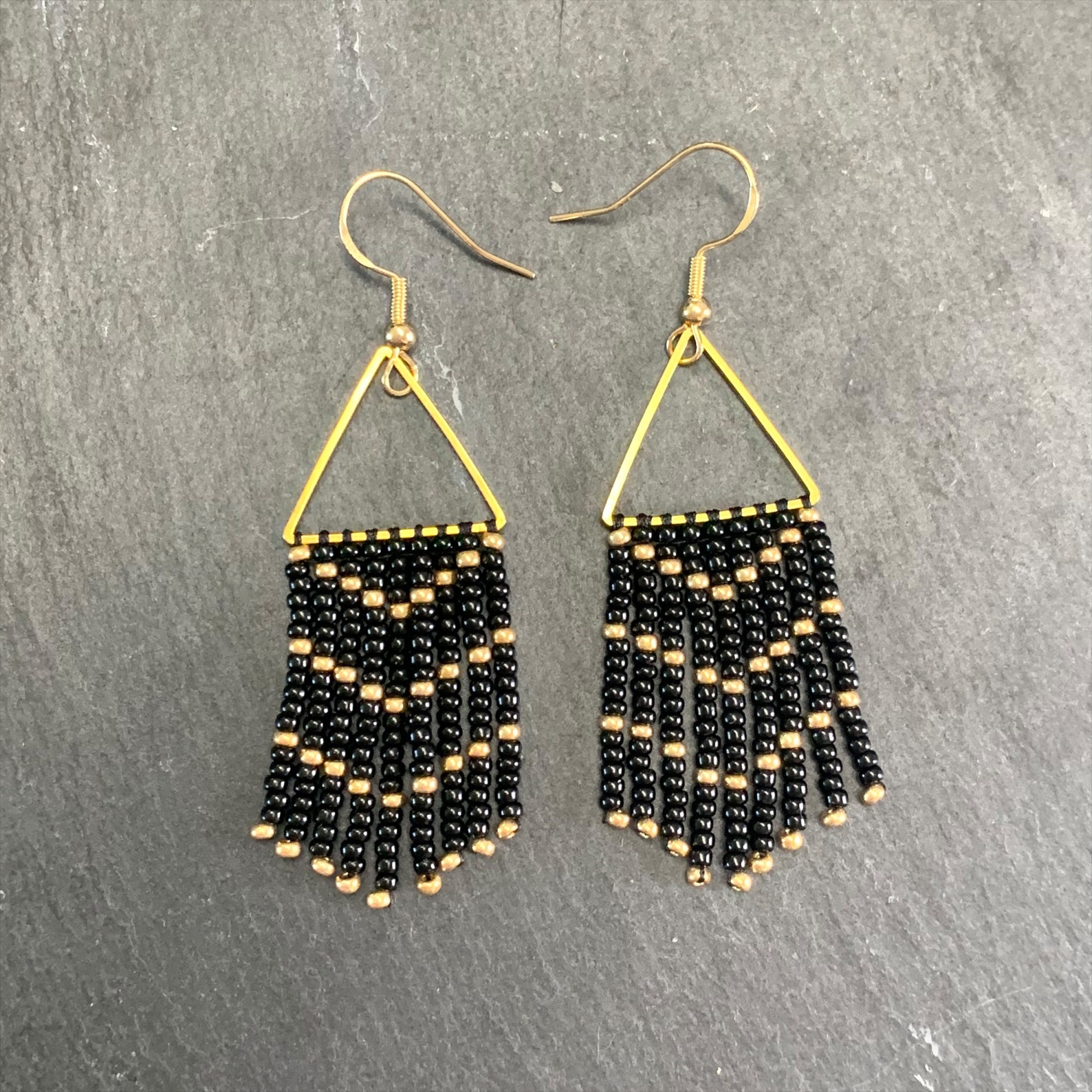 Black and Gold Triangle Beaded Earrings/ Gold Geometric Triangle/ Black ...