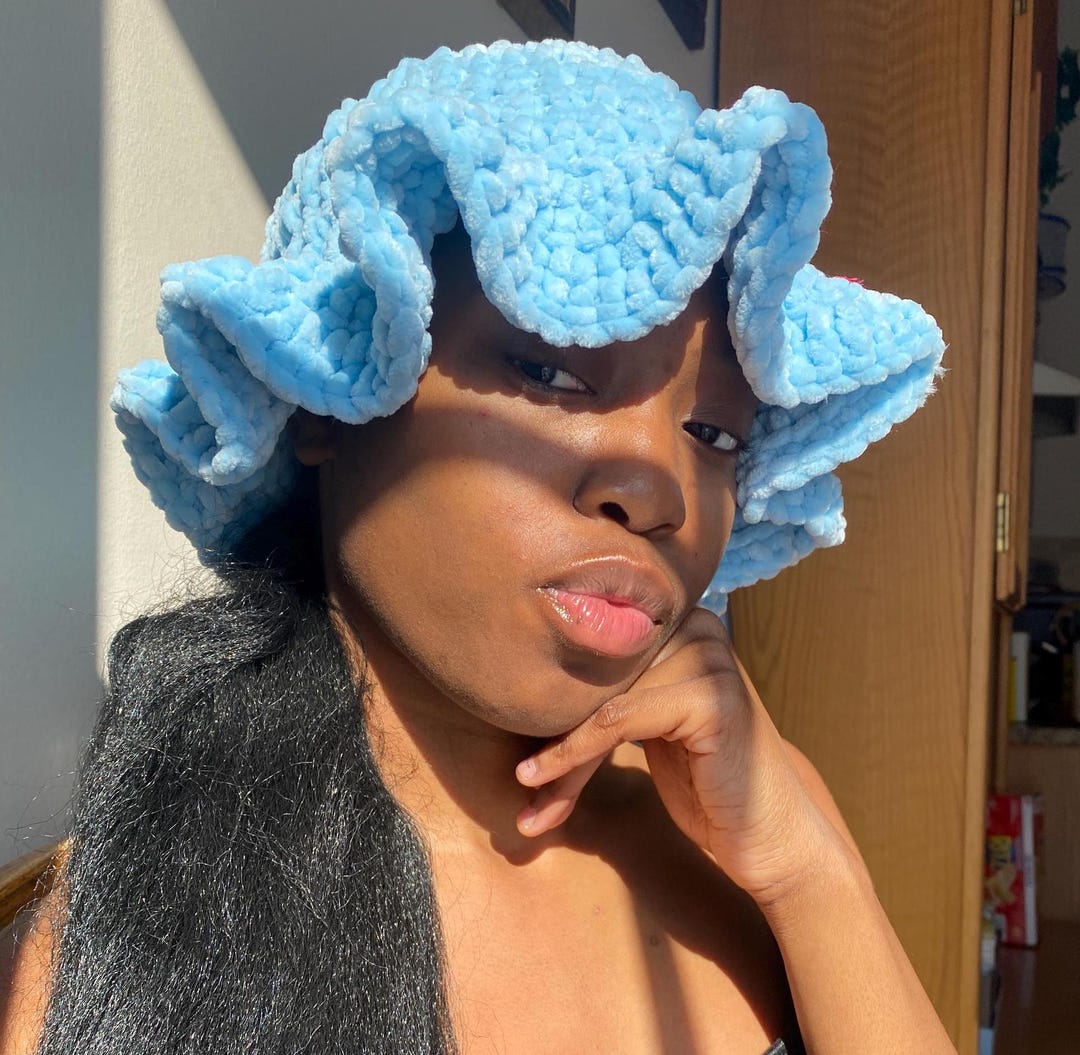 Baby Blue Fluffy Crochet Wavy Brim Ruffle Bucket Hat - Etsy