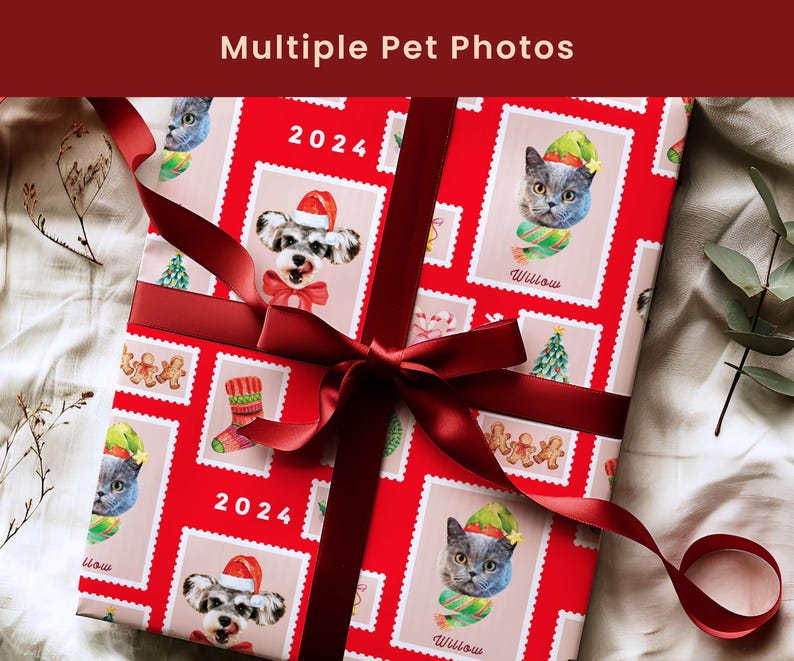 Personalized Stamp Style Pet Photo Wrapping Paper, Custom Gift Wrap for ...