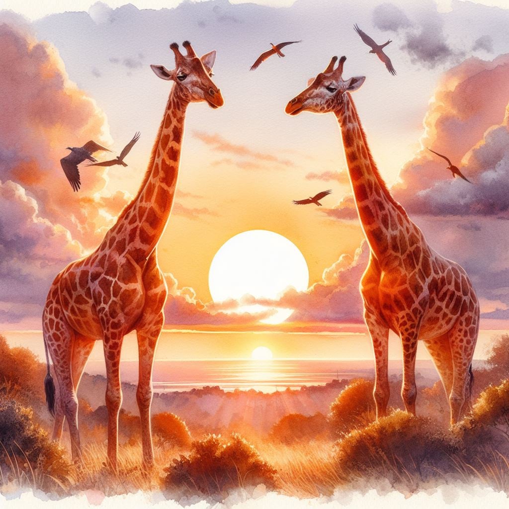 Giraffes on the Sunset Watercolor Painting - Etsy