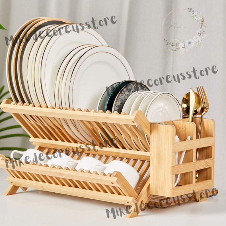 3 Tier Wooden Dish Drying Rack With Utensil Holder | Bamboo Plate Rack ...