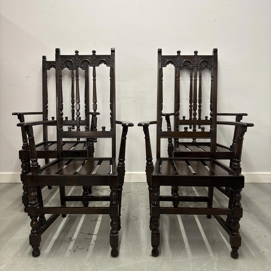 Set of 4 Ercol Colonial Gothic Dining Chairs – Vintage High Back Wooden ...