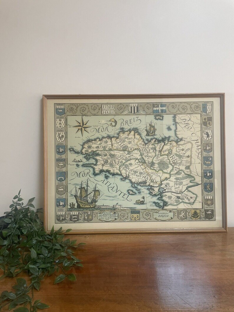 Vintage Framed Map of Brittany – Decorative Nautical Art | 65 Cm X 50 Cm | Coastal Cartography ...