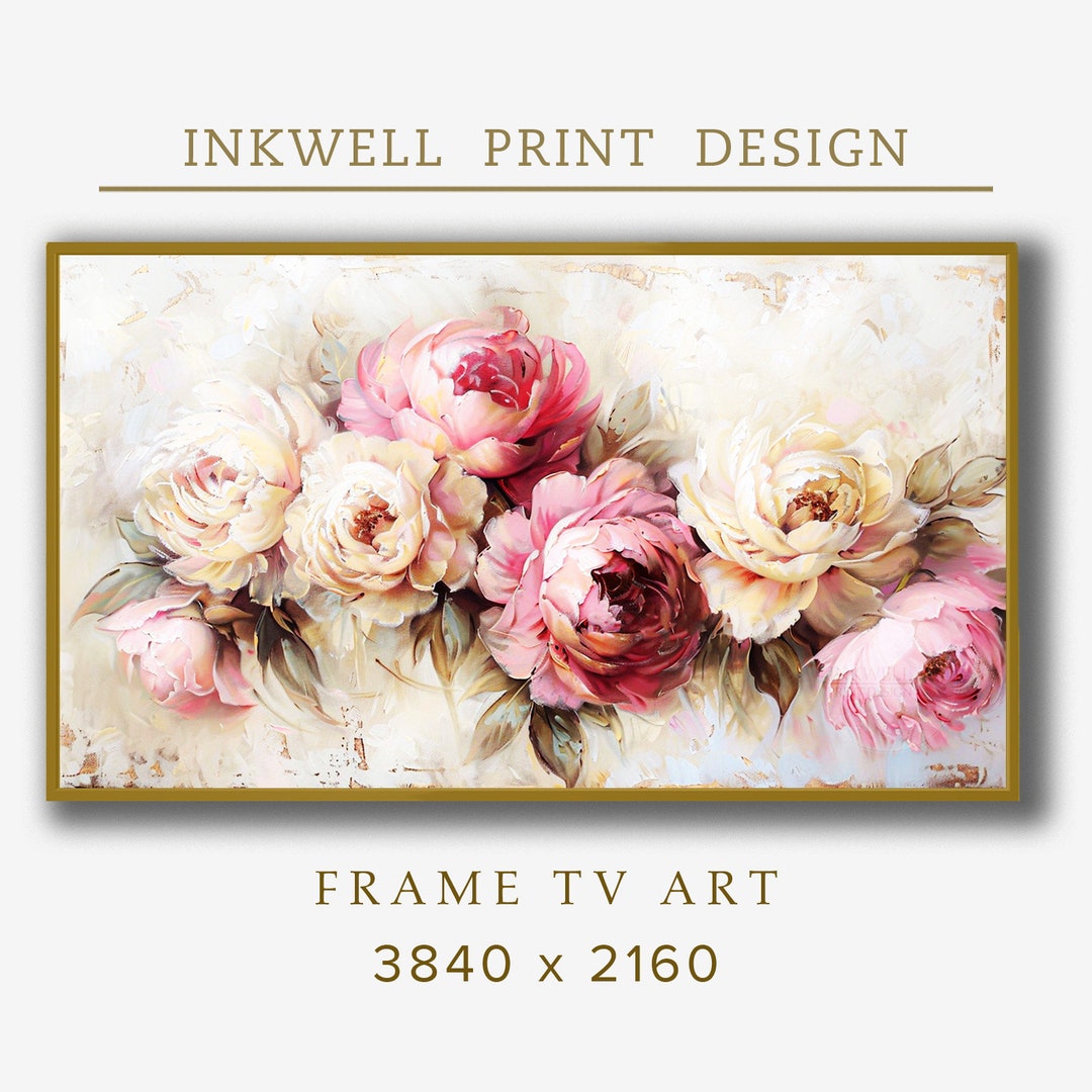 Pink Cream Peonies Frame TV Art, Flower Art, Spring Art, Peony Painting ...