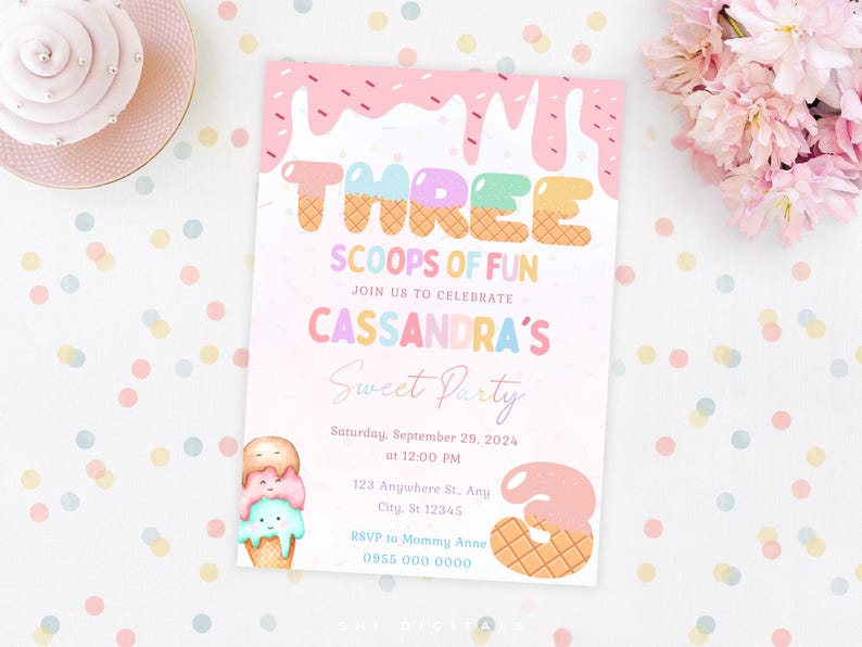 Three Scoops of Fun Invitation Ice Cream 3rd Birthday Invite - Etsy