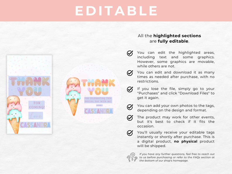 Ice Cream Thank You Tag Editable Scoops of Fun Birthday Gift Tag ...