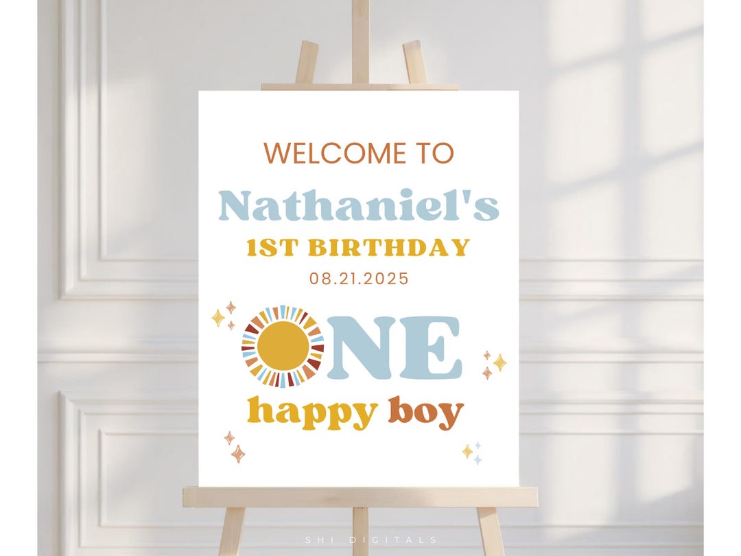 One Happy Boy Birthday Welcome Sign: Retro Boho Sunshine Party (digital ...