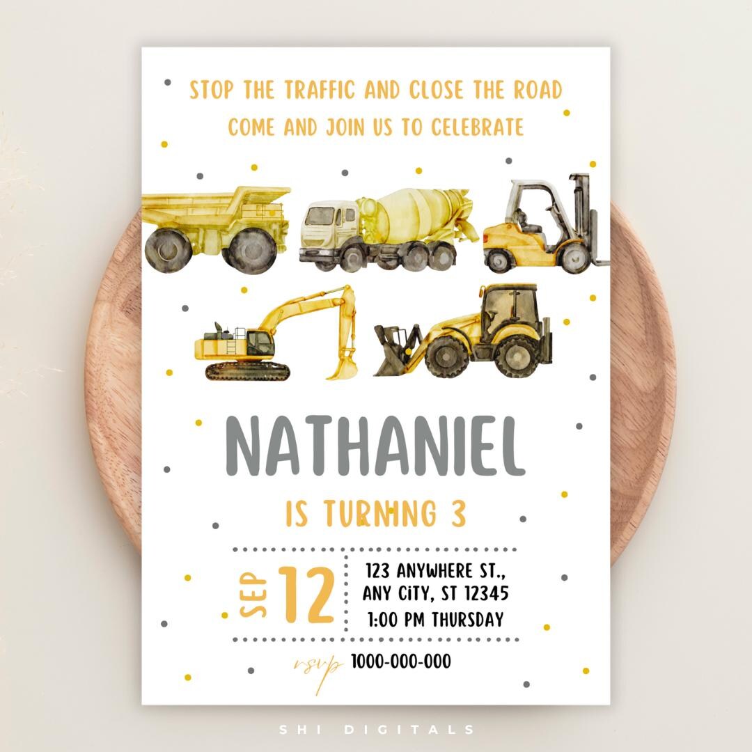 Construction Birthday Party Invitation Template Editable Construction ...