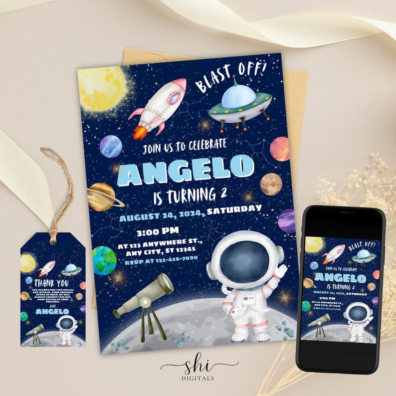 Outer Space Birthday Invitation Template Planets Rocket Ship Astronaut ...