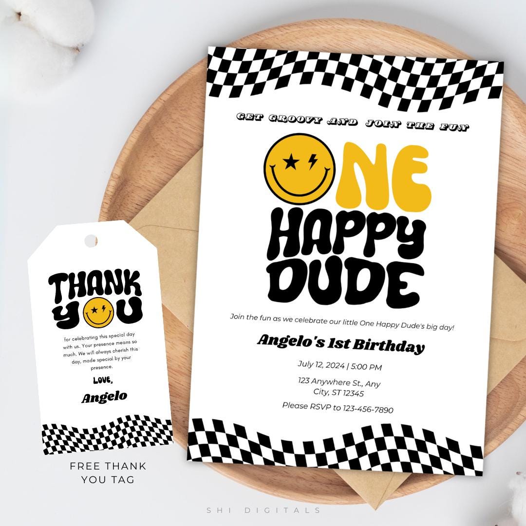 One Happy Dude Birthday Invitation Template Editable Retro One Happy ...