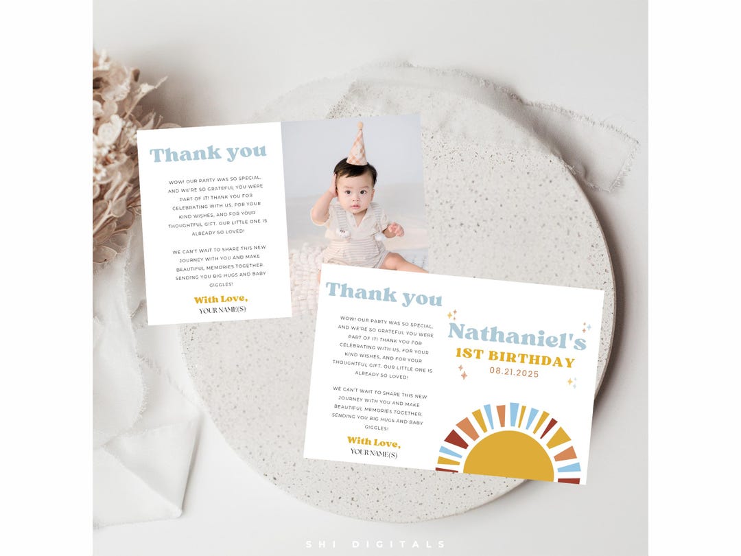 One Happy Boy Thank You Card Printable Thank You Card Retro Sun ...
