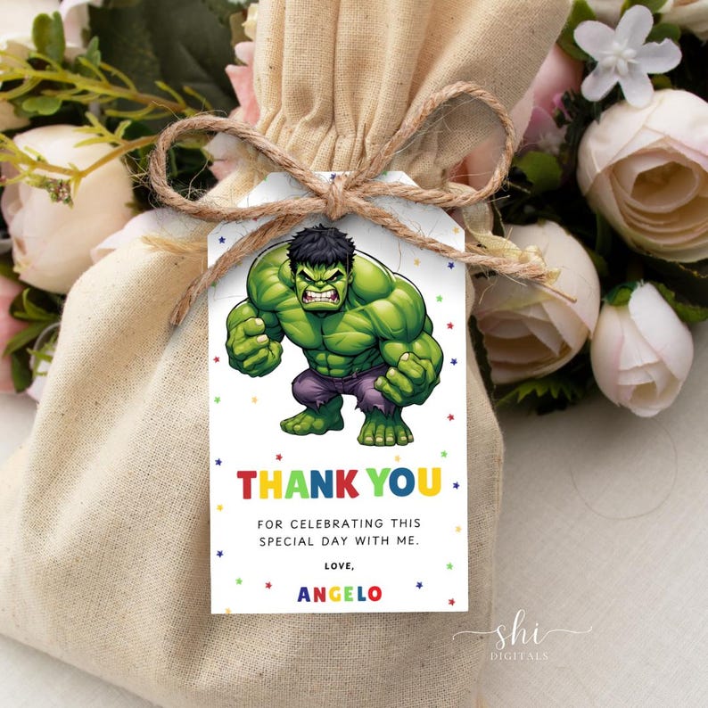 Hulk Thank You Tag Editable Superhero Hulk Birthday Gift Tag Printable ...