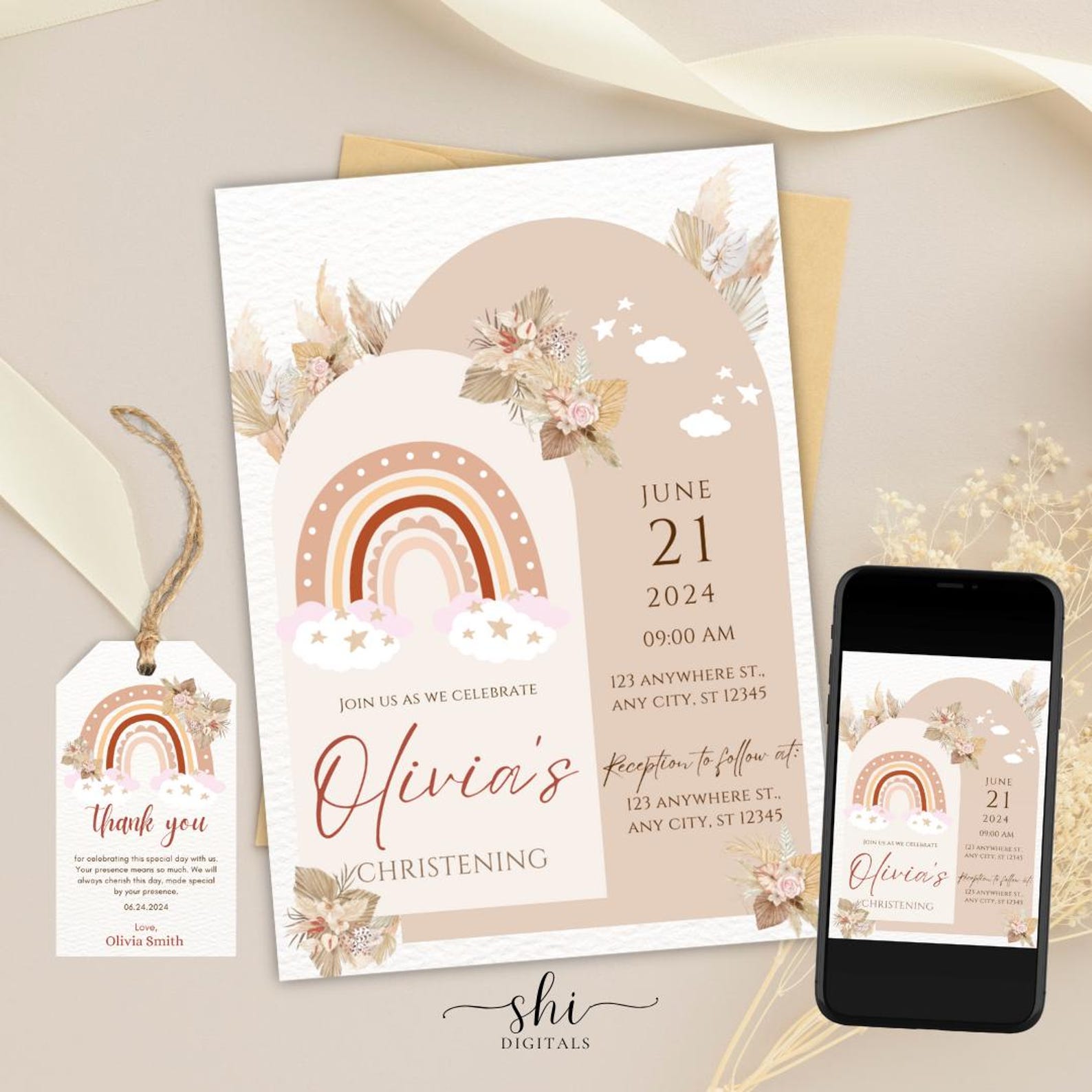 Editable Boho Rainbow Invitation Printable Boho Rainbow Invite Pampas ...