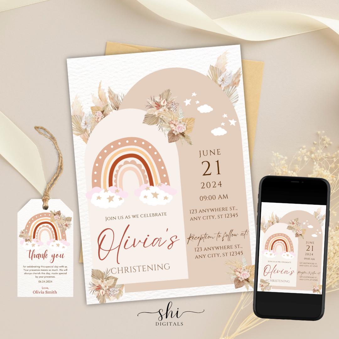 Editable Boho Rainbow Invitation Printable Boho Rainbow Invite Pampas ...