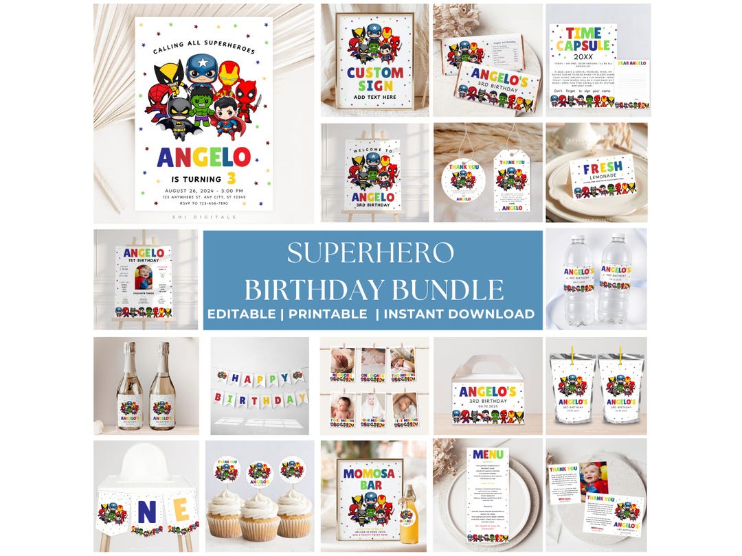 Superhero Birthday Bundle Printable Superhero Invitation Editable ...