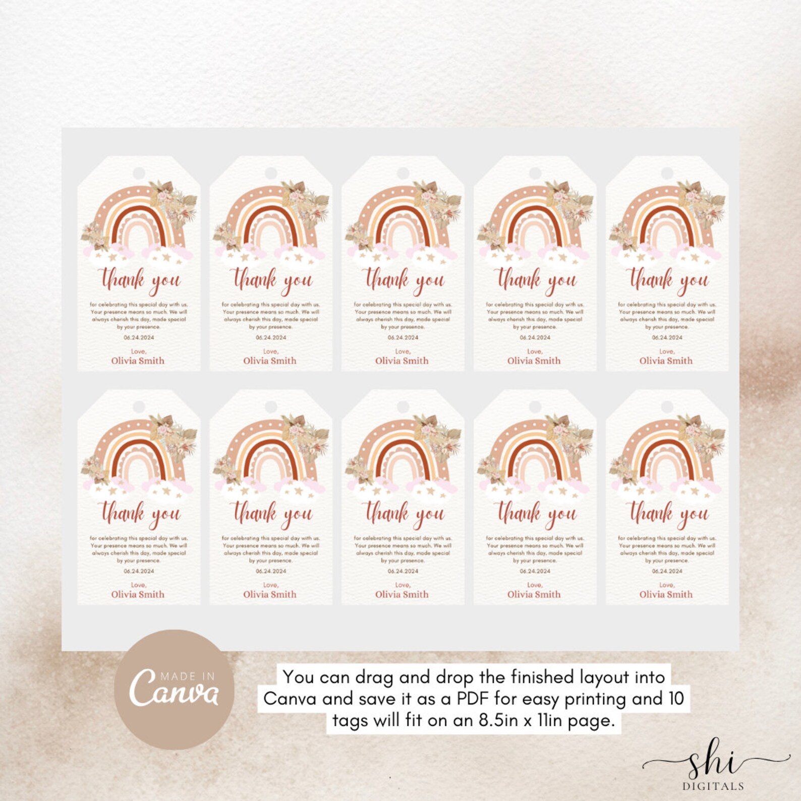 Editable Boho Rainbow Thank You Party Tags Baby Shower Favor Gift Tags ...