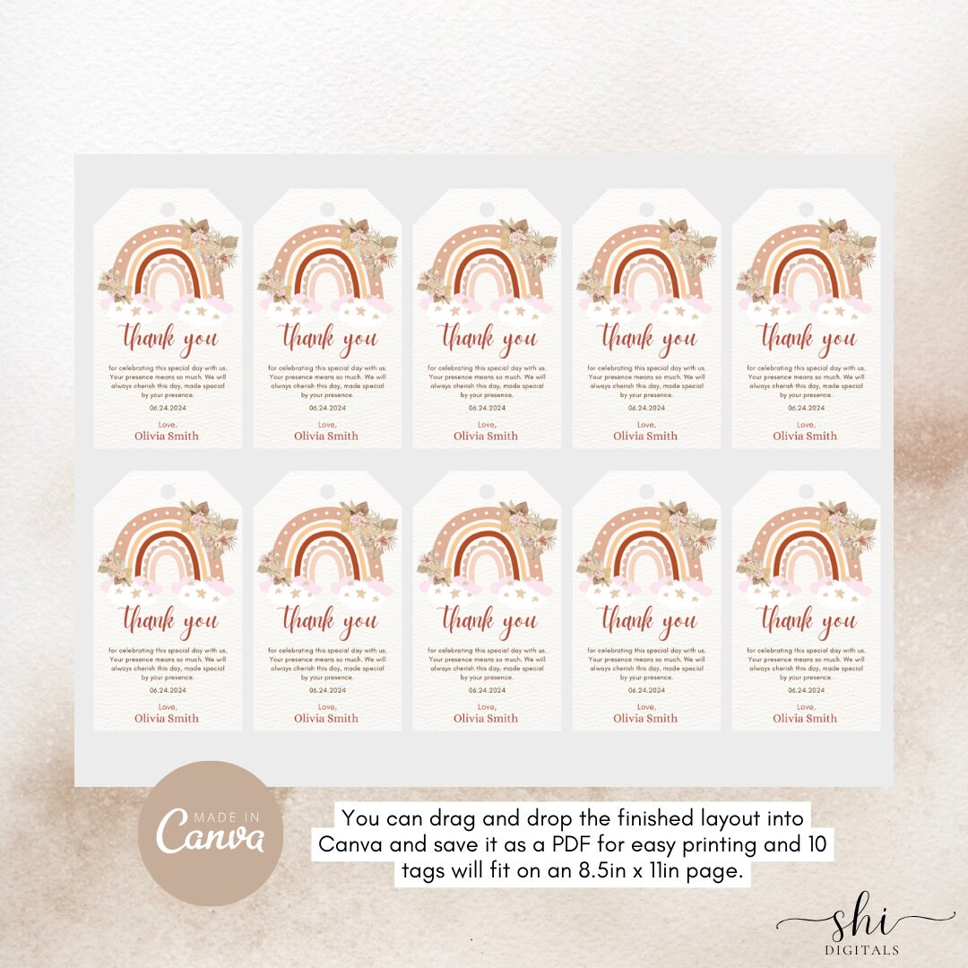 Editable Boho Rainbow Thank You Party Tags Baby Shower Favor Gift Tags ...