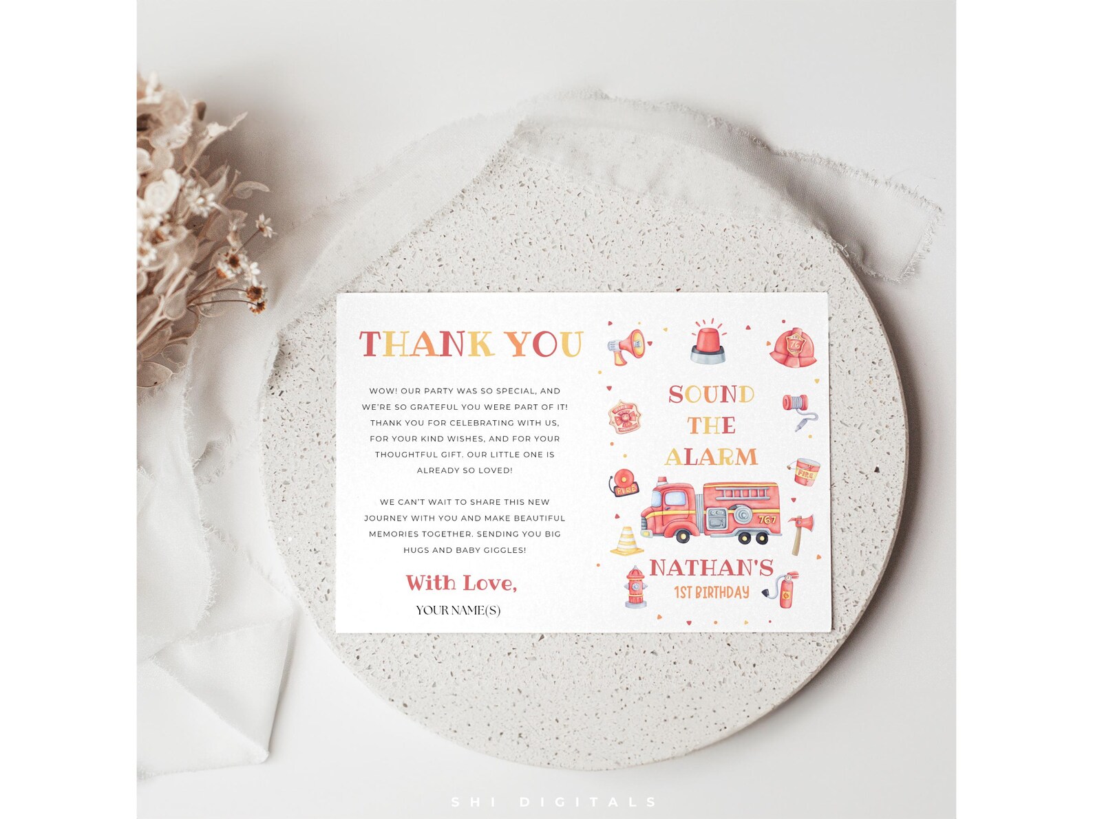 Editable Firetruck Thank You Card Template Printable Thank You Card ...
