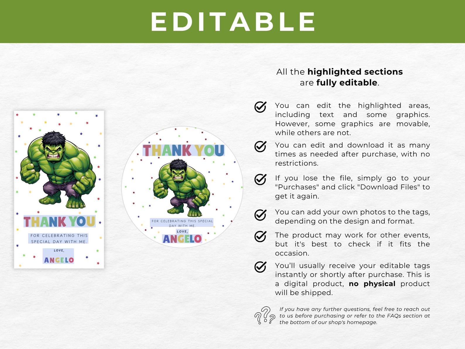 Hulk Thank You Tag Editable Superhero Hulk Birthday Gift Tag Printable ...