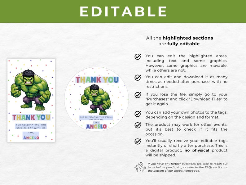Hulk Thank You Tag Editable Superhero Hulk Birthday Gift Tag Printable ...