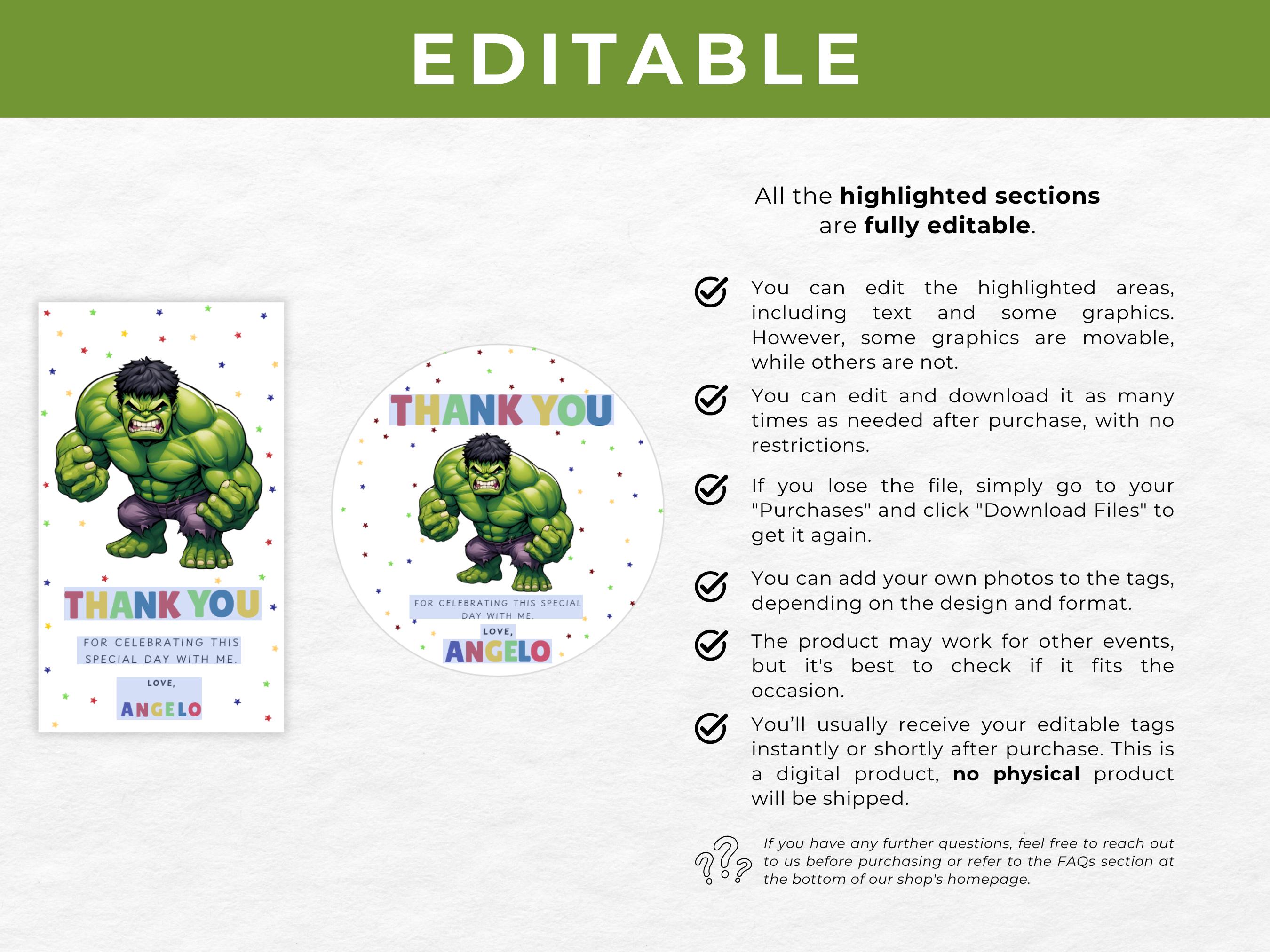 Hulk Thank You Tag Editable Superhero Hulk Birthday Gift Tag Printable ...