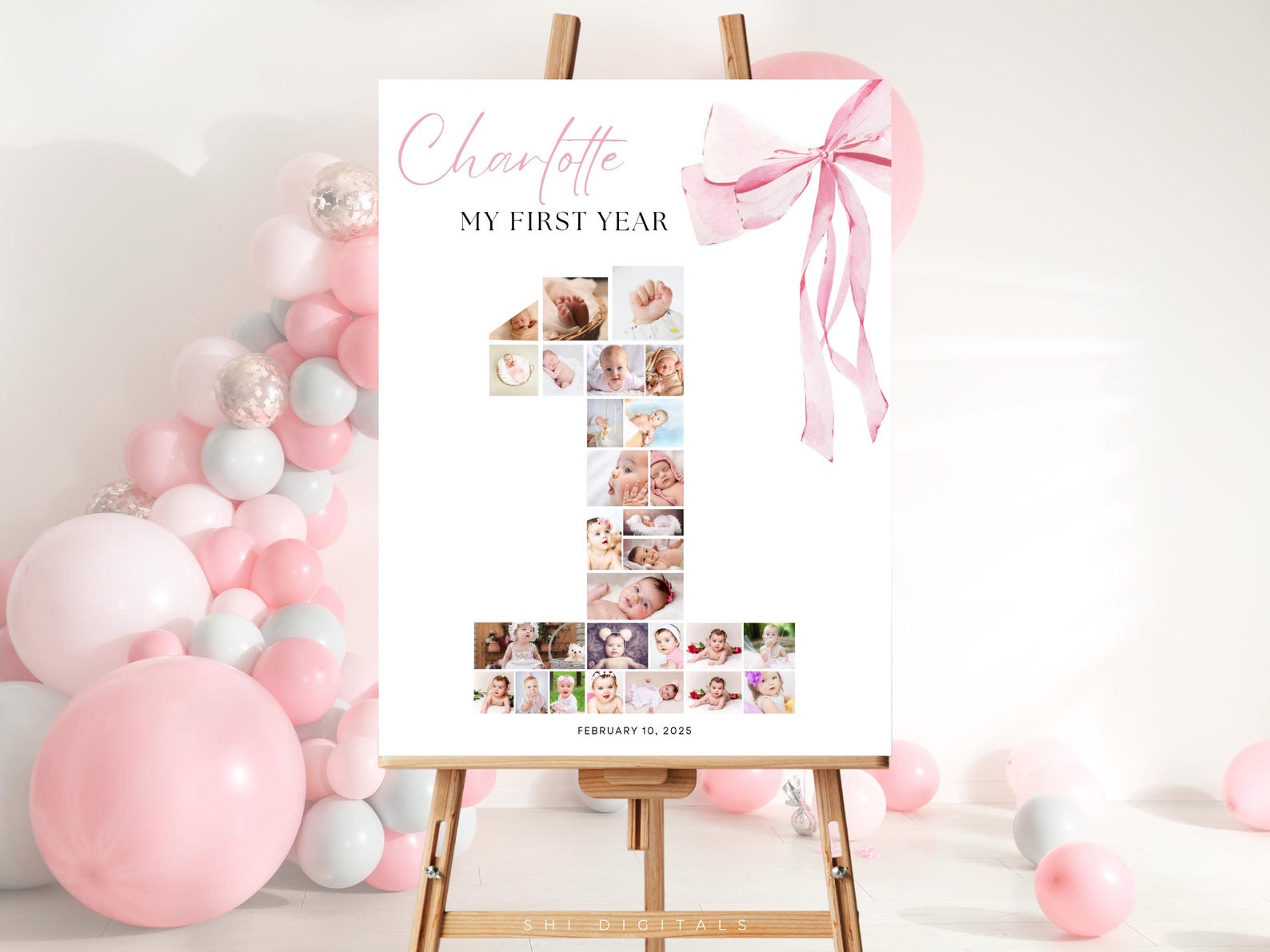 Pink Bow 1st Birthday Photo Collage Milestone Decor Printable My First ...