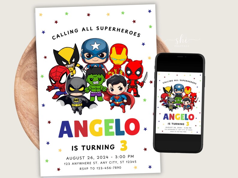 Editable Superhero Birthday Invitation Template Kids Party Invite SH01 ...
