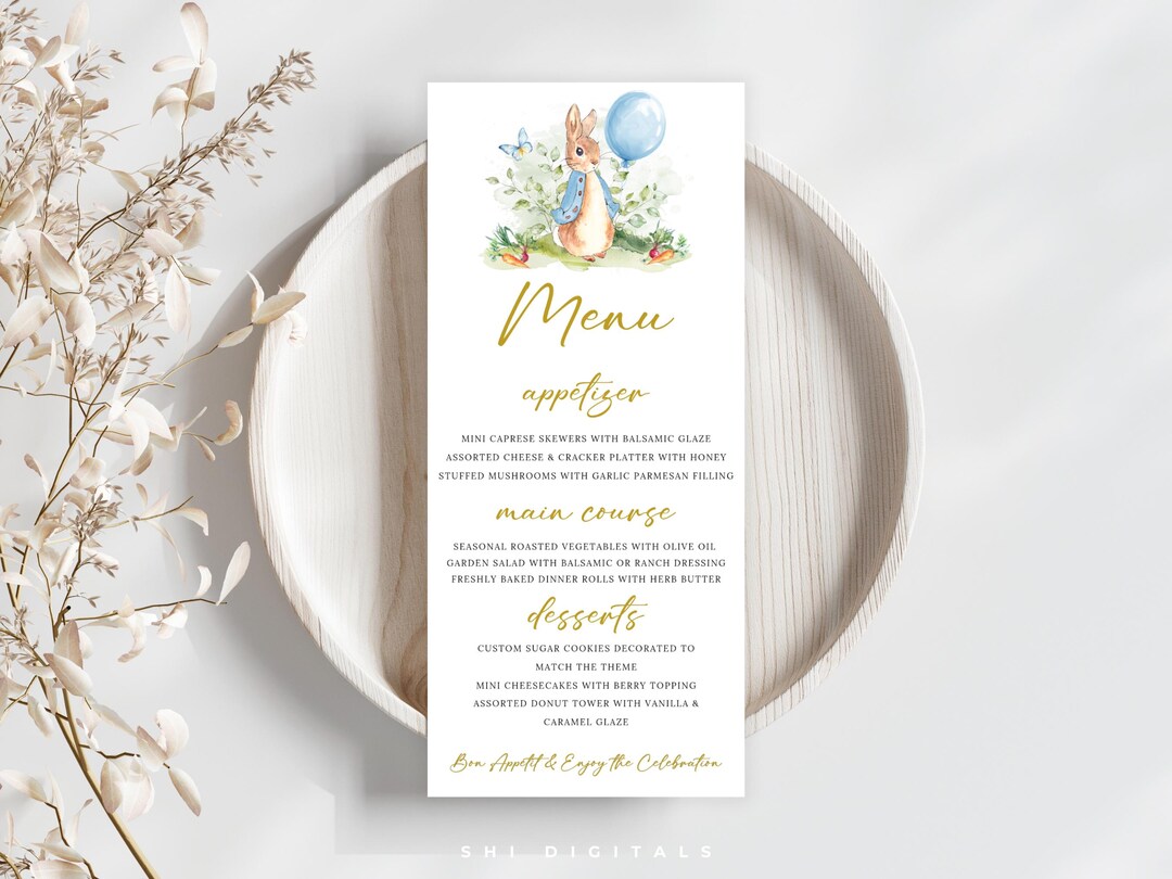 Peter Rabbit Menu Card Printable Blue Little Bunny Menu Card Editable ...