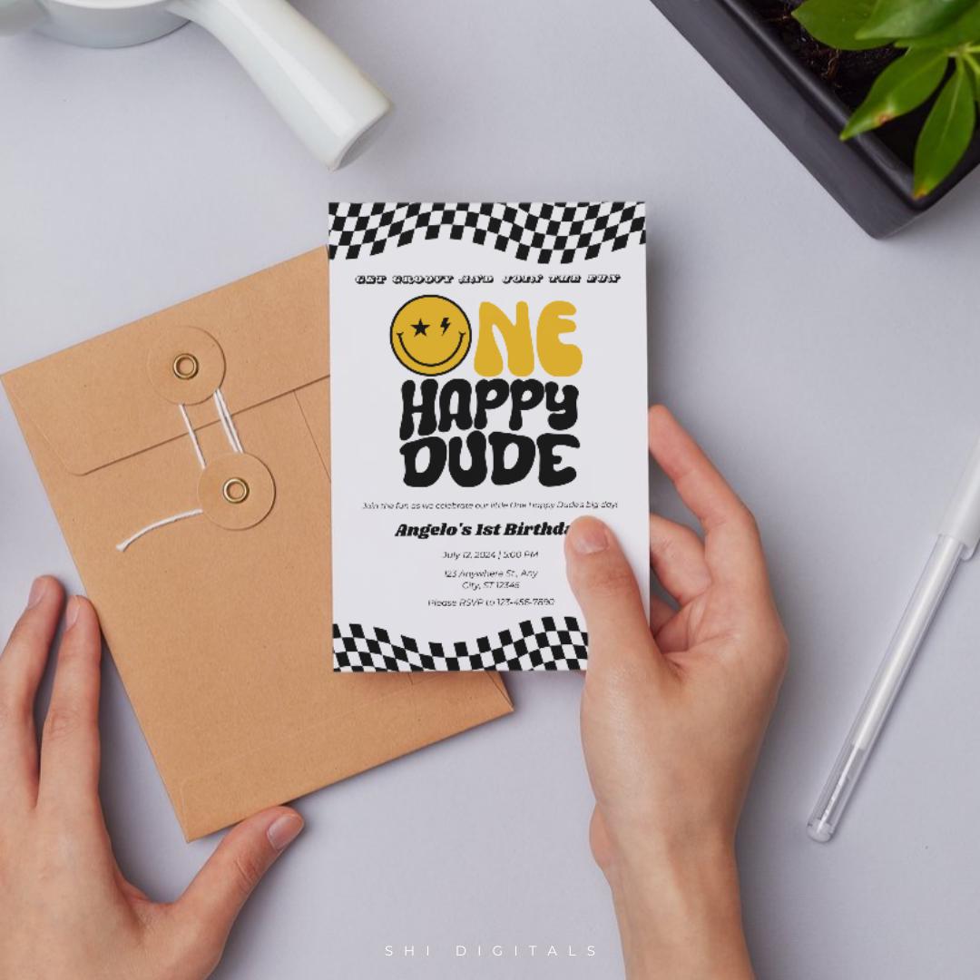 One Happy Dude Birthday Invitation Template Editable Retro One Happy ...