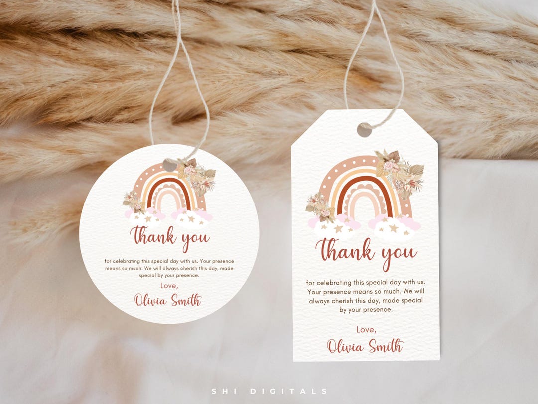 Editable Boho Rainbow Thank You Party Tags Baby Shower Favor Gift Tags ...