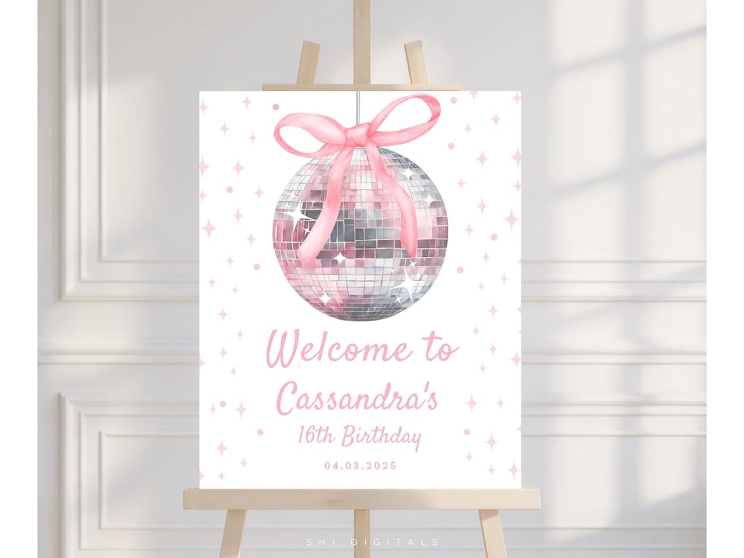 Pink Bow Disco Ball Welcome Sign Template DB01 - Etsy