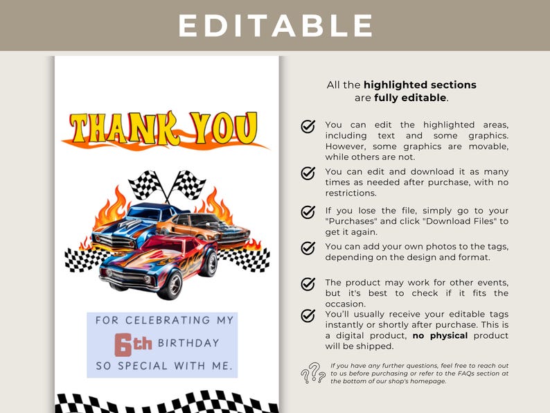 Editable Hot Cars Birthday Tag Racing Car Birthday Gift Tag Racing Car ...