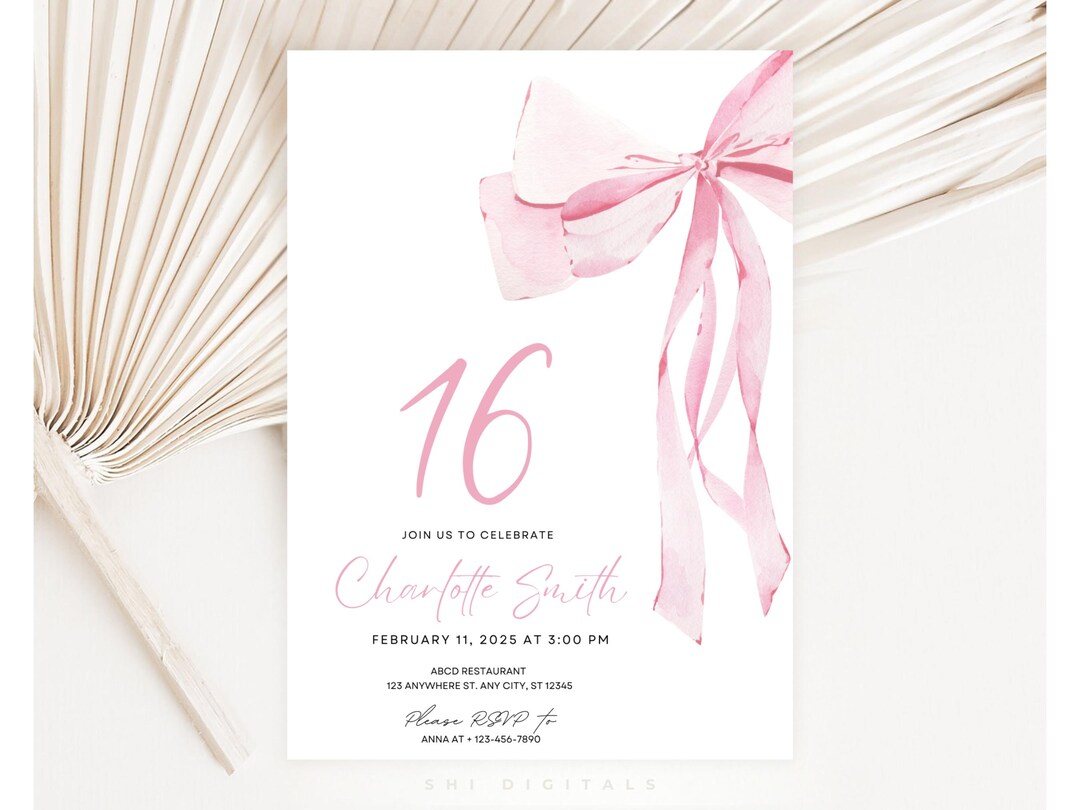 Pink Bow Sweet 16 Invitation: Coquette Birthday Template (digital ...