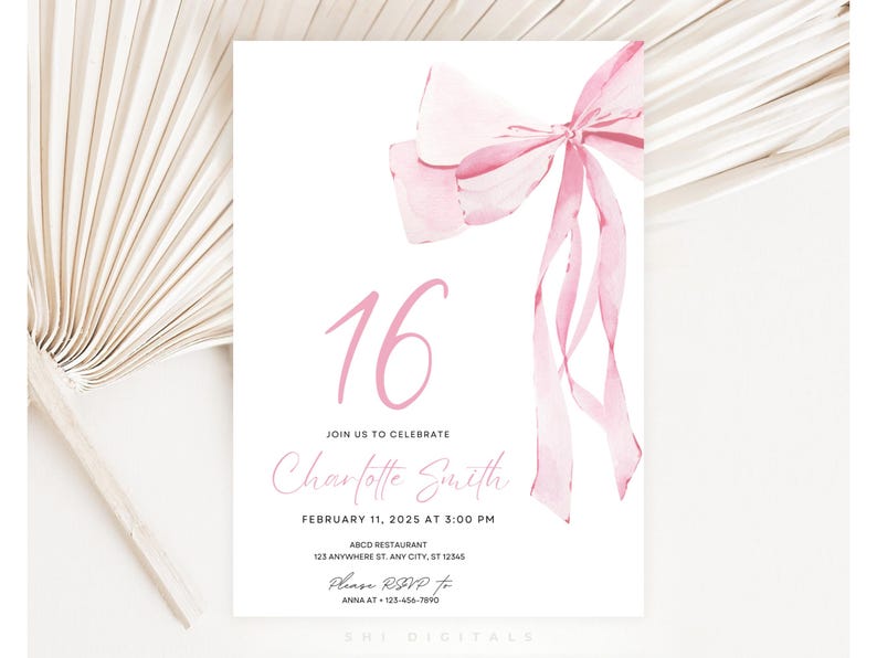 Pink Bow Sweet 16 Invitation: Coquette Birthday Template (digital ...