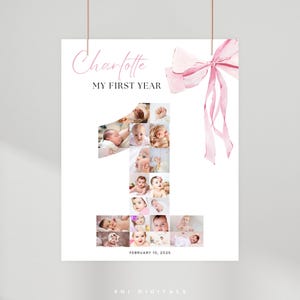 Pink Bow 1st Birthday Photo Collage Milestone Decor Printable My First ...
