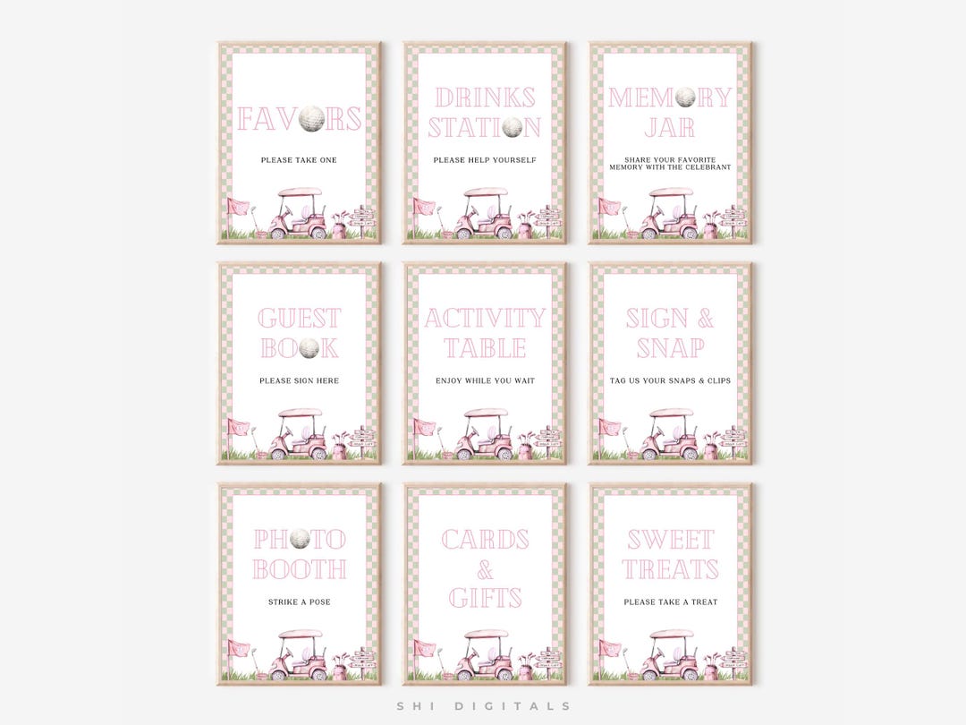 10 Editable Hole in One Birthday Party Signs GF05 Pink Golf Cart Custom ...