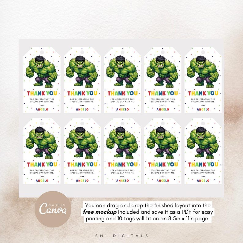 Hulk Thank You Tag Editable Superhero Hulk Birthday Gift Tag Printable ...