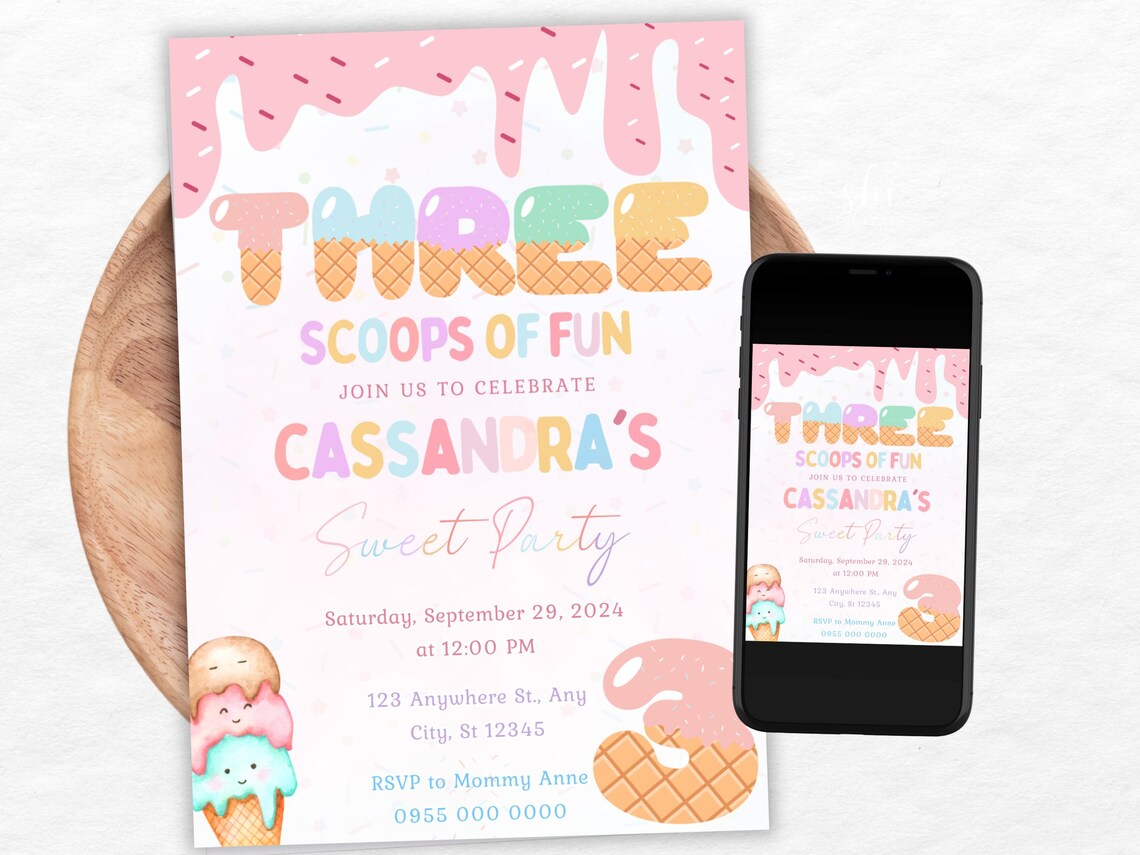 Three Scoops of Fun Invitation Ice Cream 3rd Birthday Invite - Etsy