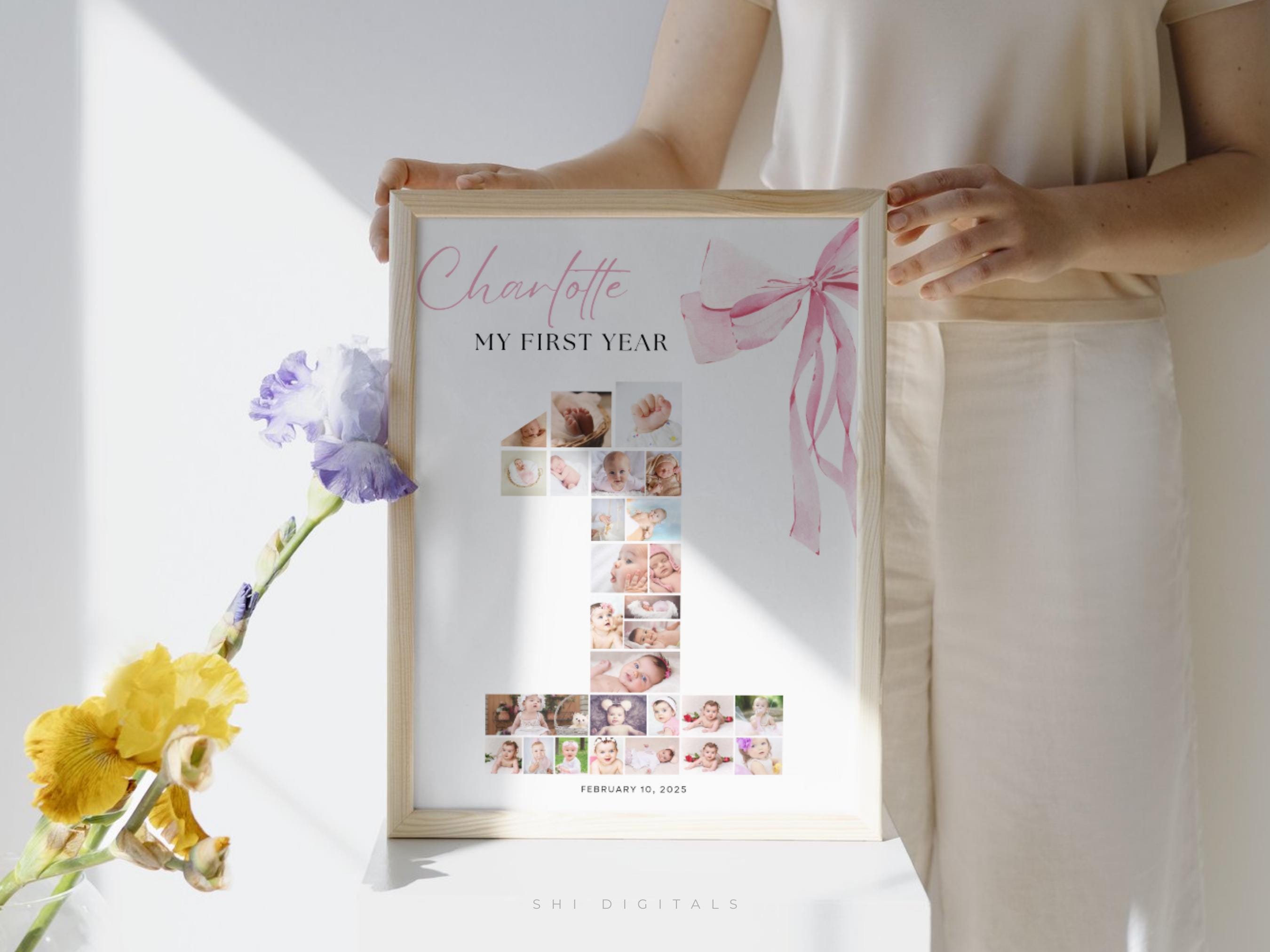 Pink Bow 1st Birthday Photo Collage Milestone Decor Printable My First ...