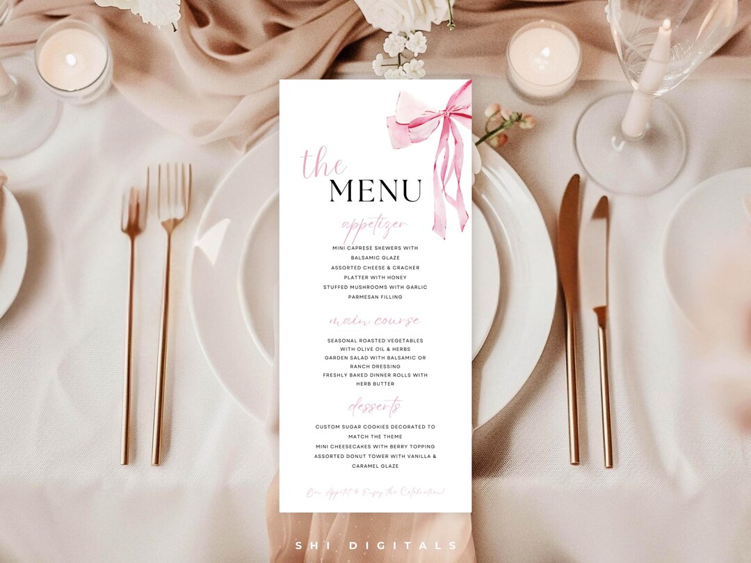 Pink Bow Menu Template Printable Pink Bow Baby Shower Menu Editable ...