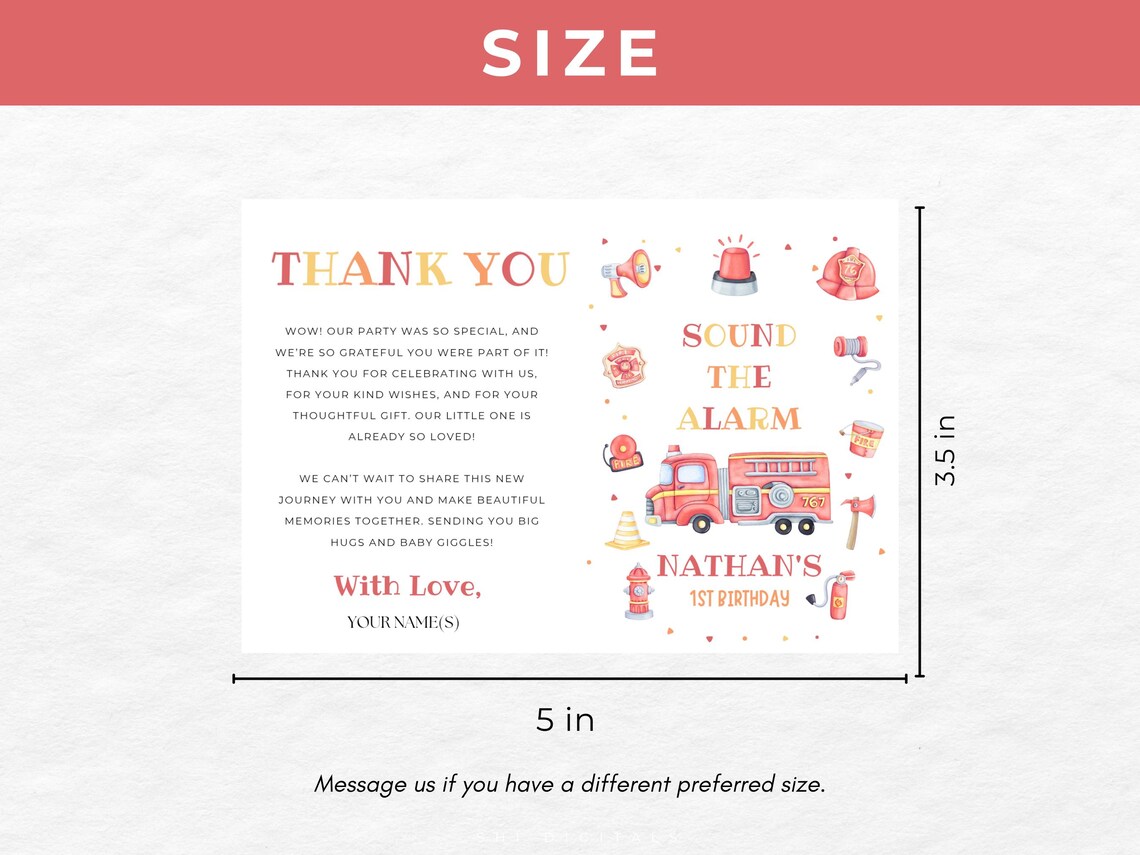 Editable Firetruck Thank You Card Template Printable Thank You Card ...